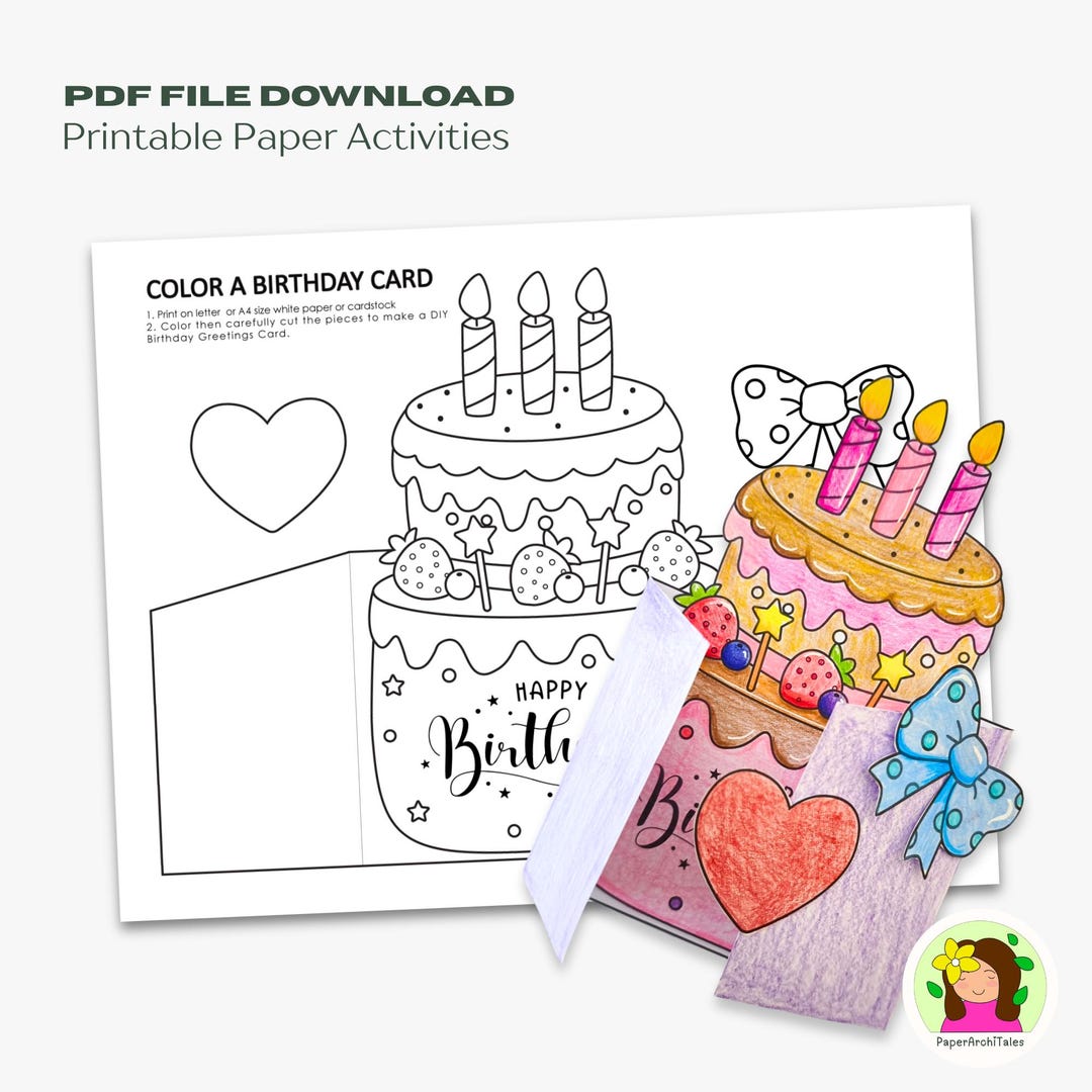 DIY Happy Birthday Coloring Card: Kids' Paper Craft Activity (PDF ...