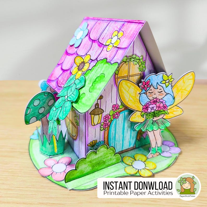 Fairy Paper House Template, DIY Printable Craft, Kids Coloring and ...