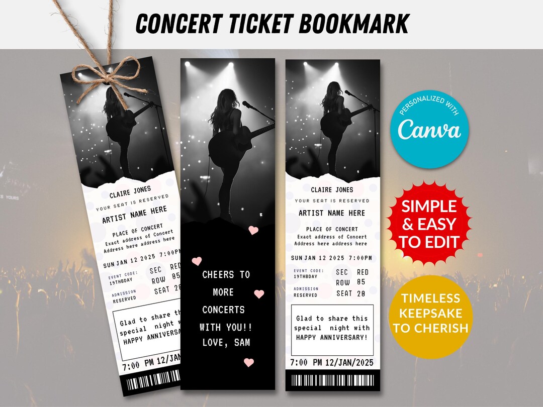 Editable Concert Ticket Gift Template, Bookmark Concert Ticket ...