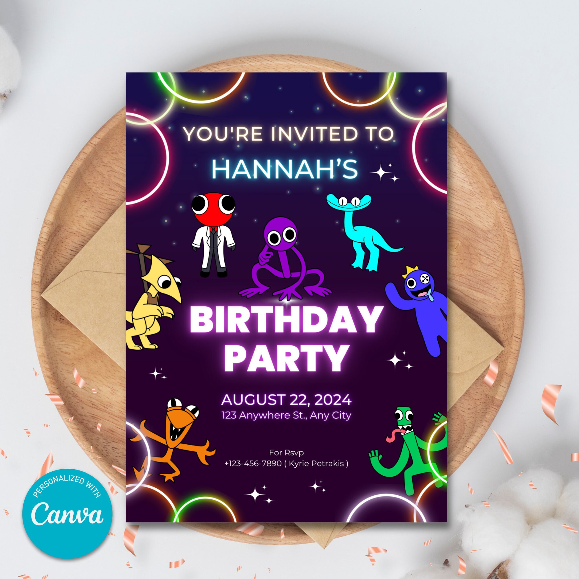 Rainbow Friends Glow Birthday Invitation, Editable Canva Rainbow ...
