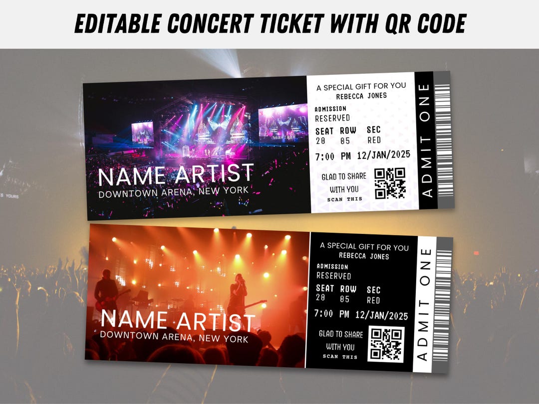 Concert Gift Ticket With QR Code Template, Printable Event Ticket ...