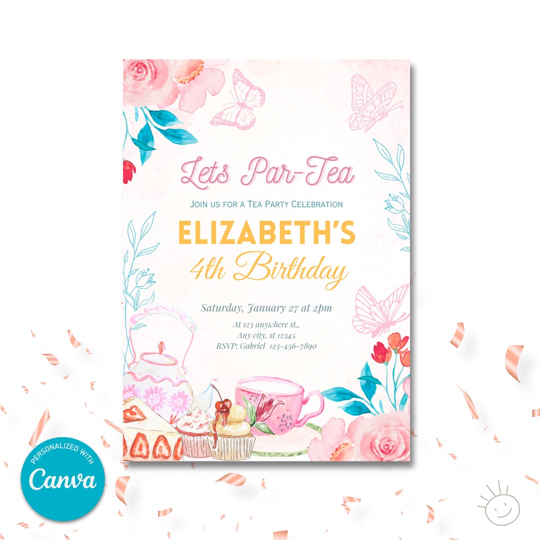 Tea Party Birthday Invitation Template, Editable Tea Party Birthday ...
