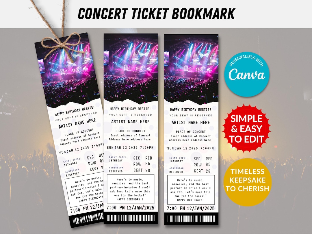 Concert Ticket Bookmark Template, DIY Concert Ticket, Surprise Ticket ...