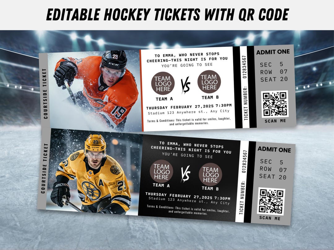 Editable Hockey Ticket Template With QR Code, Custom Hockey Game Ticket ...