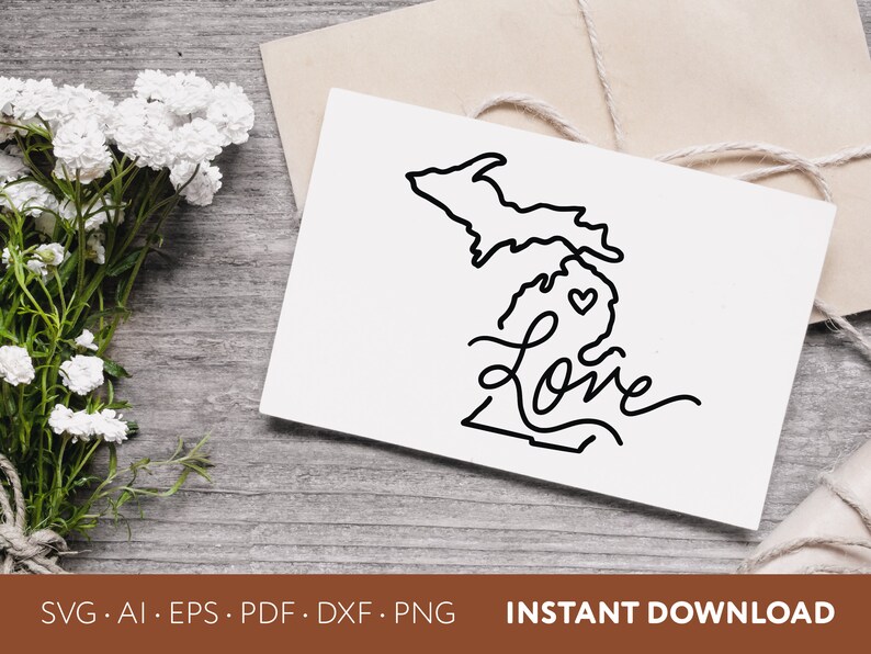 Michigan Love Hand Lettered Minimalist State Outline Clipart Svg, Png ...