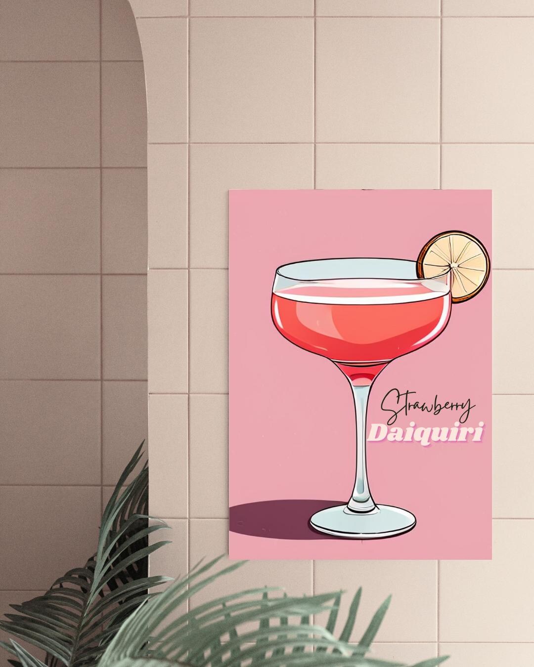 Strawberry Daiquiri Cocktail Poster | Vintage Bar Wall Art | Printable ...