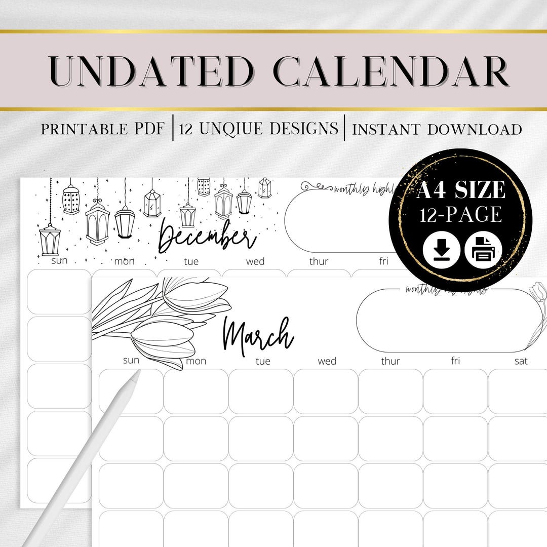 Floral Undated Monthly Planner: Printable Calendar Template (PDF A4 ...