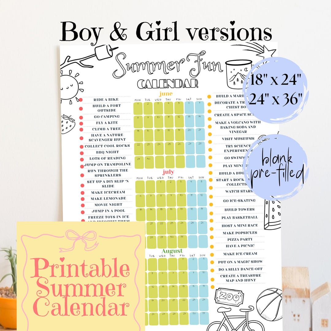 Printable Summer Calendar Poster, Kid Summer Activities Calendar ...