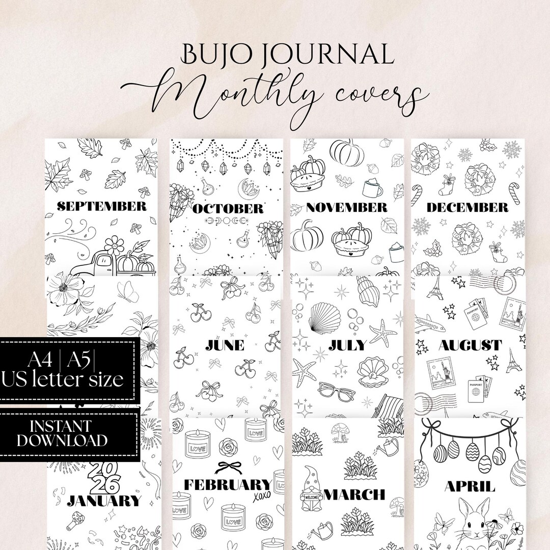 12 Monthly Planner Cover Pages A4 A5, Journal Printable Bujo ,monthly ...