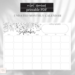 Blank Calendar Undated Monthly Planner Floral 2025 Calendar Landscape ...