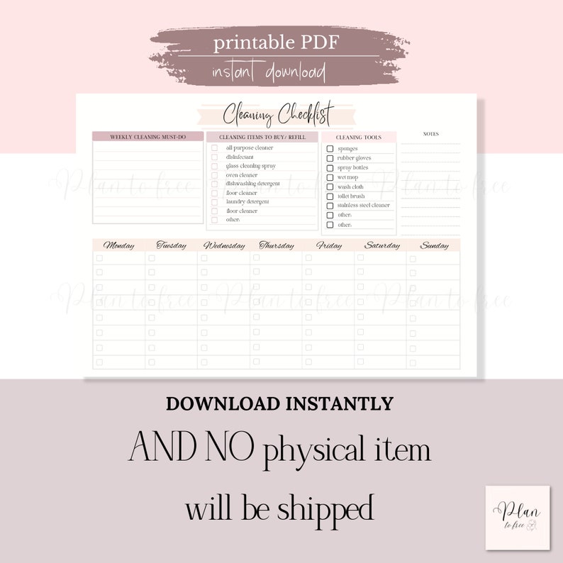 PRINTABLE CLEANING CHECKLIST, Minimalist Cleaning Checklist Printable ...