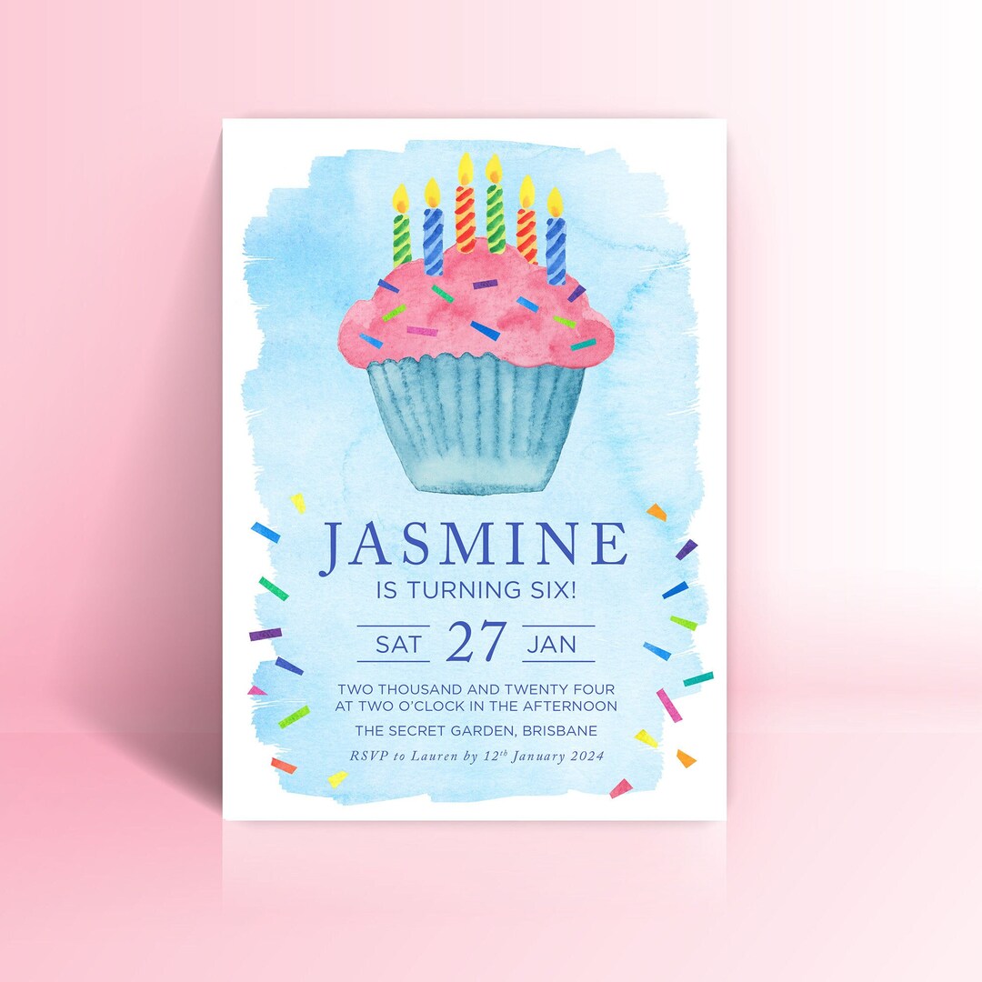 Sixth Birthday Party Invitation, Cupcake Watercolour Sixth Birthday ...