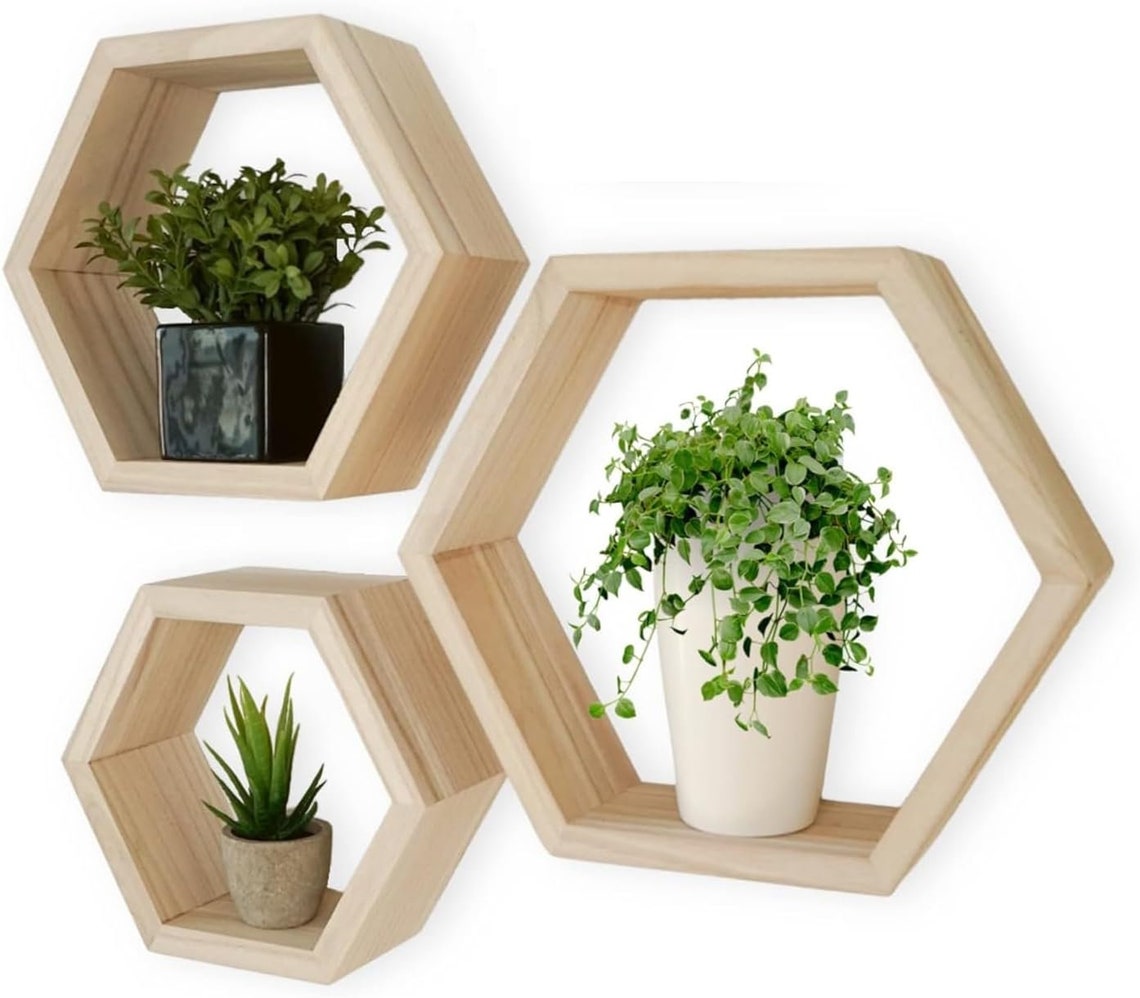 Hexagon Floating Shelves,honeycomb Shelf,wall Mounted Rustic Wood ...