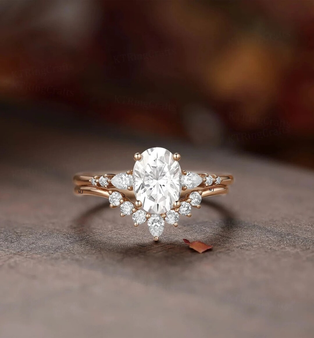 Oval Moissanite Wedding Ring Set Vintage Unique Rose Gold Anniversary ...