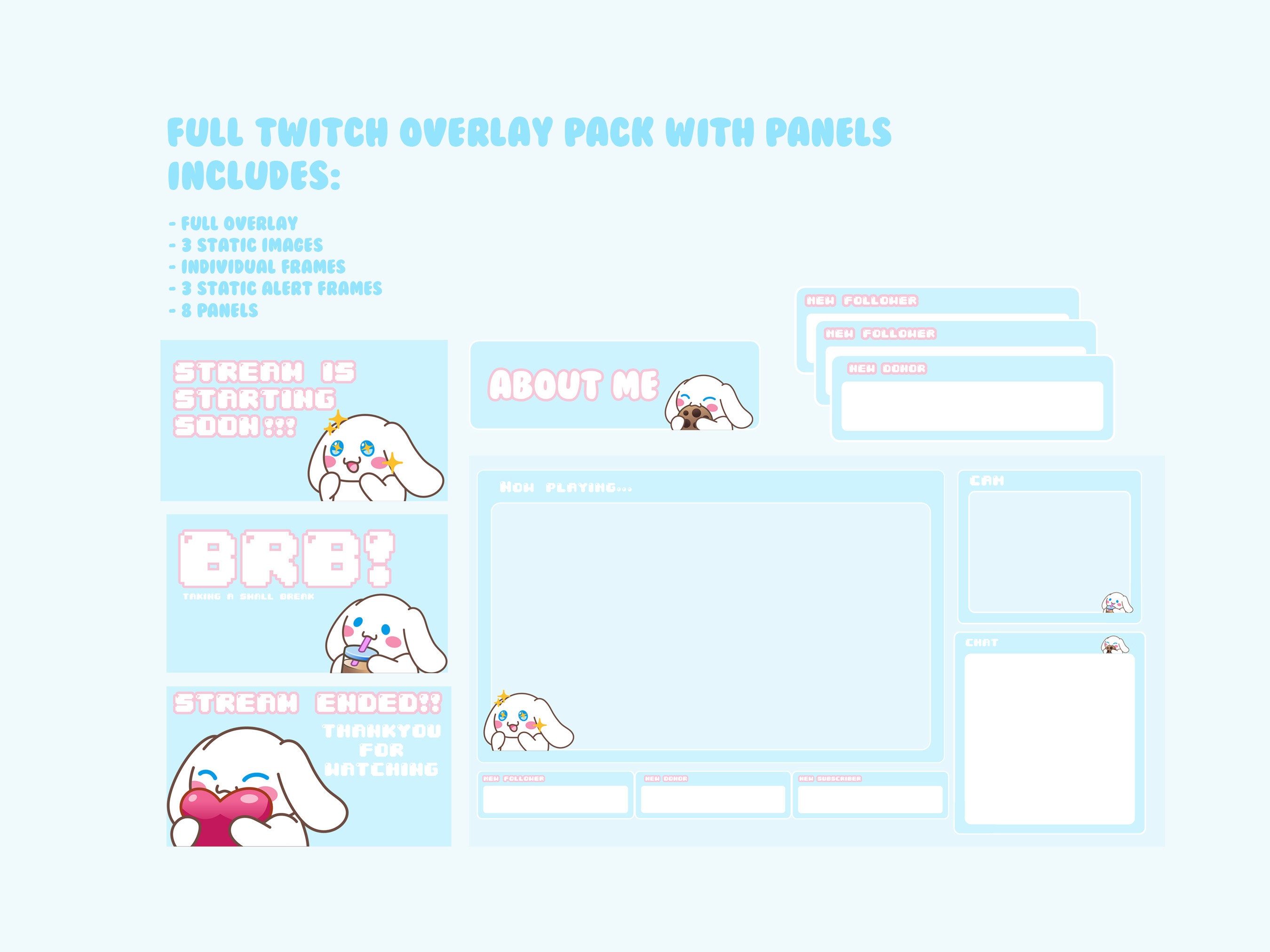 Kawaii Pastel Blue Cinna Themed Twitch Stream Overlay Package With ...