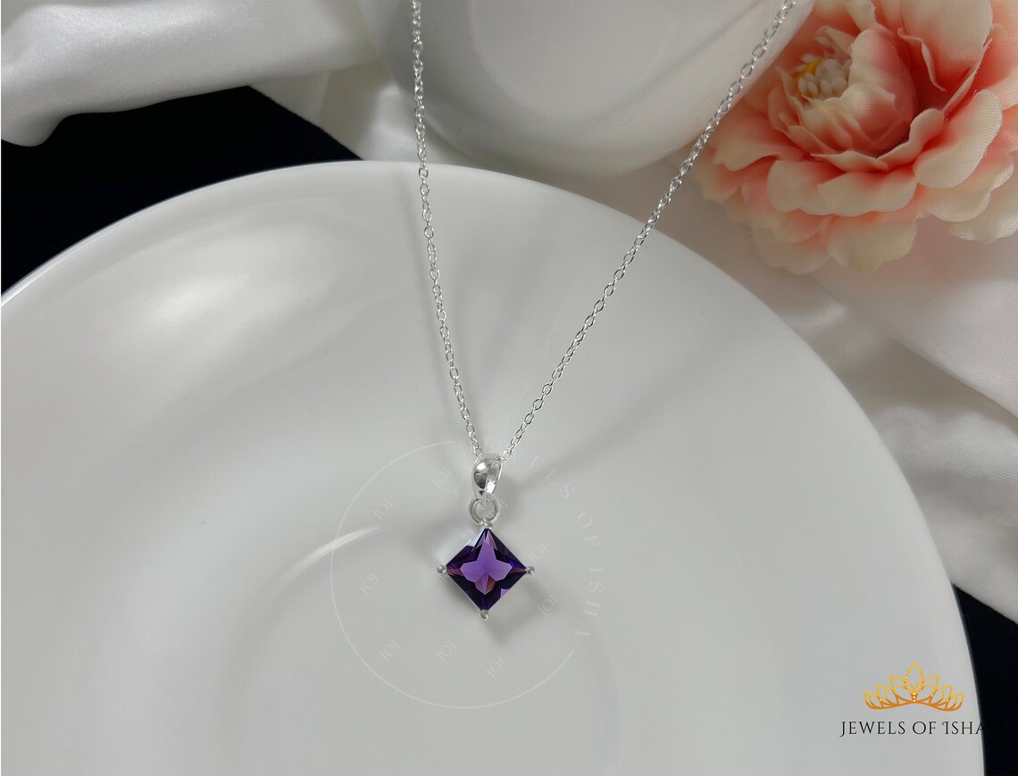 Princess Cut Amethyst Solitaire Pendant Necklace, 8 Mm Square Amethyst ...
