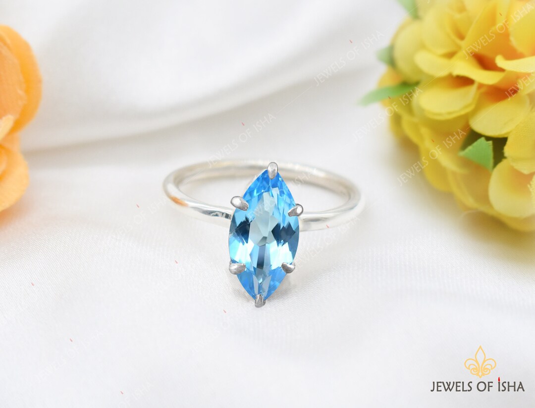 Swiss Blue Topaz Ring, Marquise 6 X 12 Delicate Solitaire Ring, Wedding ...