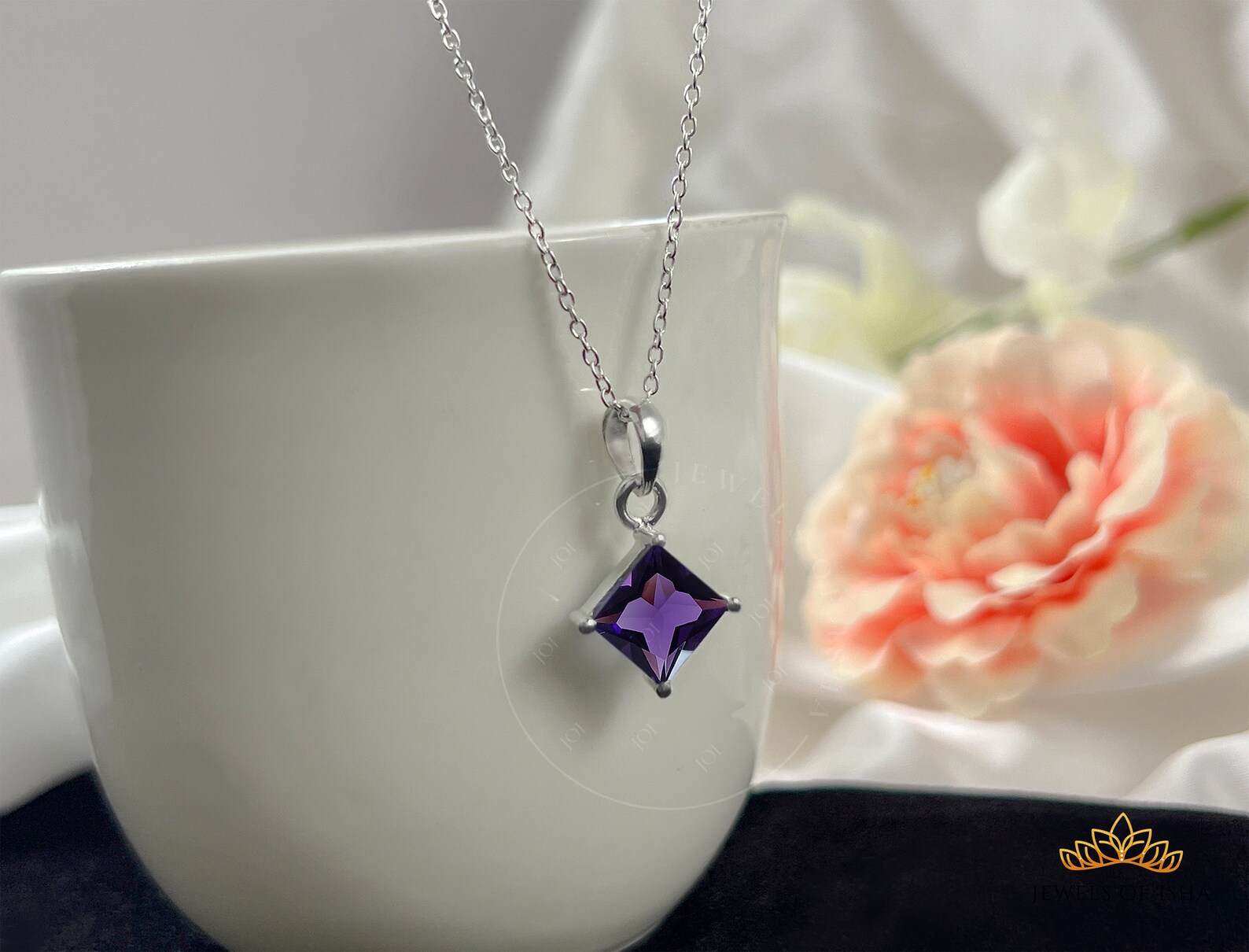 Princess Cut Amethyst Solitaire Pendant Necklace, 8 Mm Square Amethyst ...