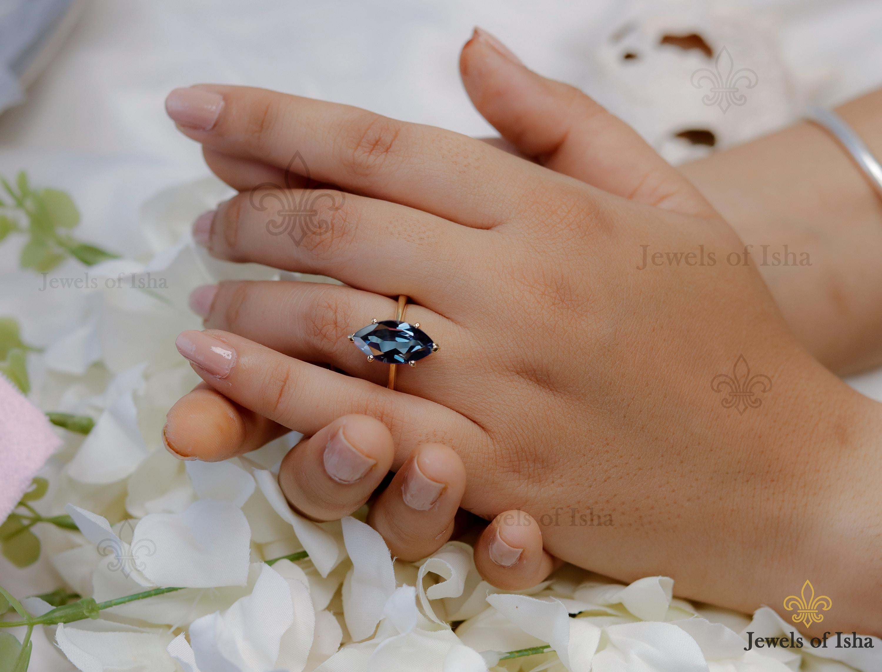 Color Changing Marquise Alexandrite Solitaire Ring, Purple Blue ...
