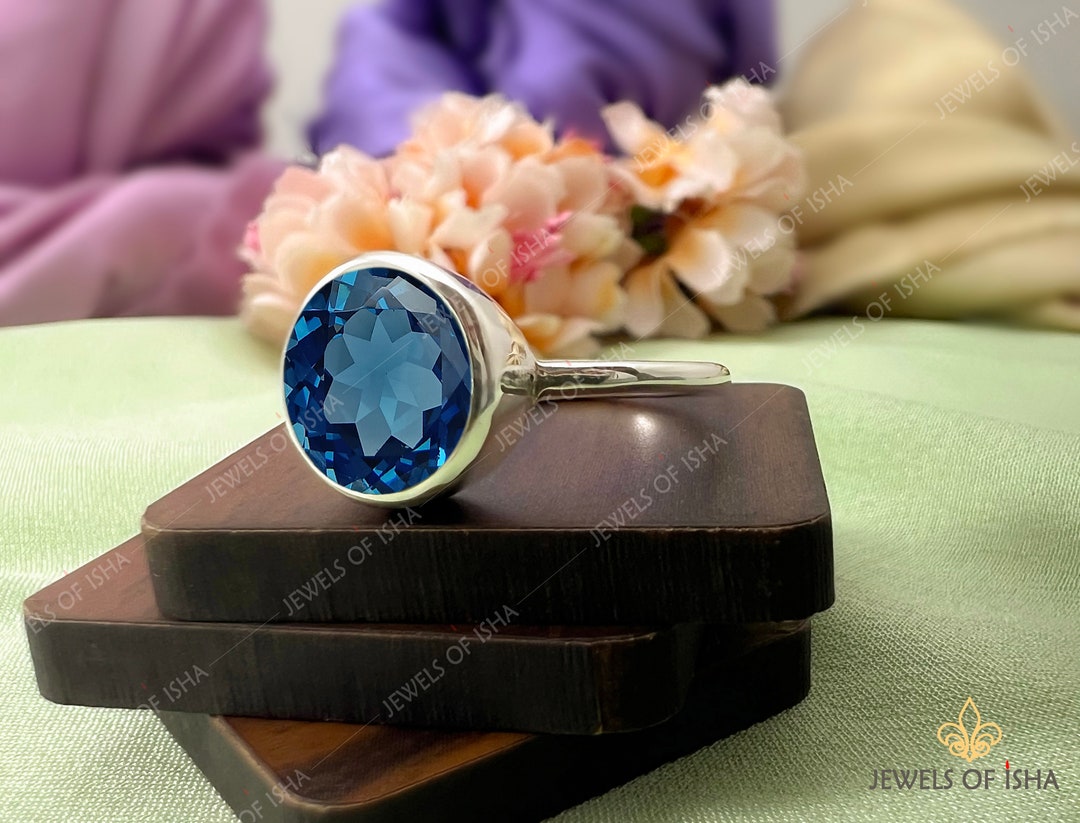 London Blue Topaz Ring, Round 10 Mm Solitaire Topaz Ring, 925 Silver or ...