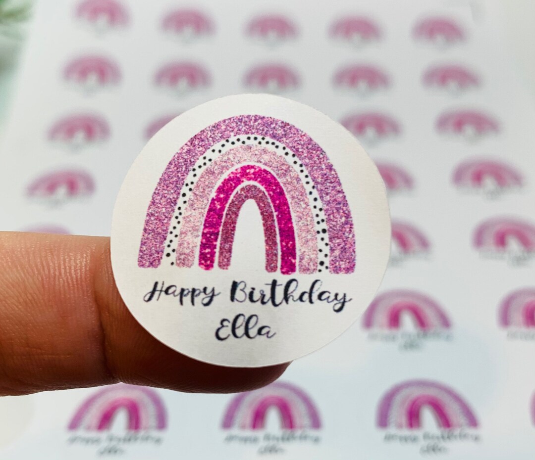Party Bag Stickers, Sweet Cone Labels, Personalised Pink Rainbow Happy ...