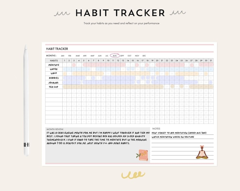 Habits Tracker Landscape Printable, Goodnotes,notability,30 Days ...