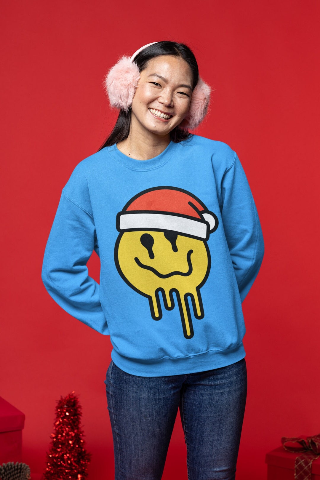 Melted Smiley Face Emoji Wearing Santa Hat Christmas Sweater Gift for ...