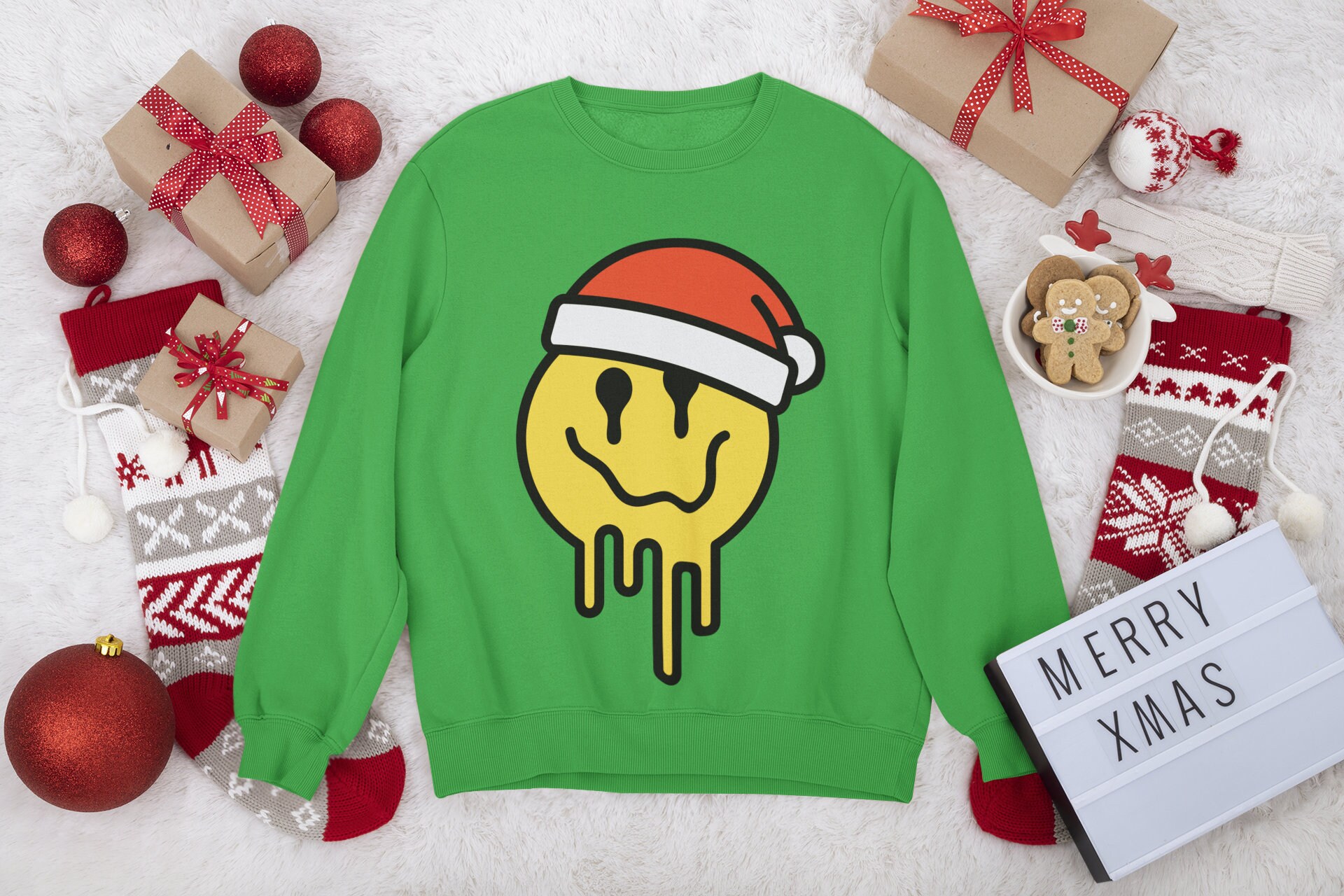 Melted Smiley Face Emoji Wearing Santa Hat Christmas Sweater Gift for ...