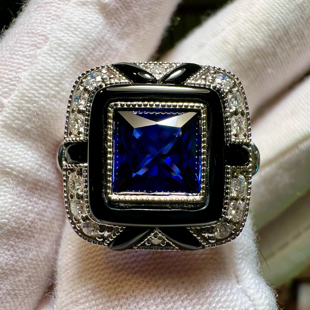 Art Deco 14K Gold 3.5CT Princess Fancy Deep Blue Lab Grown Diamond ...
