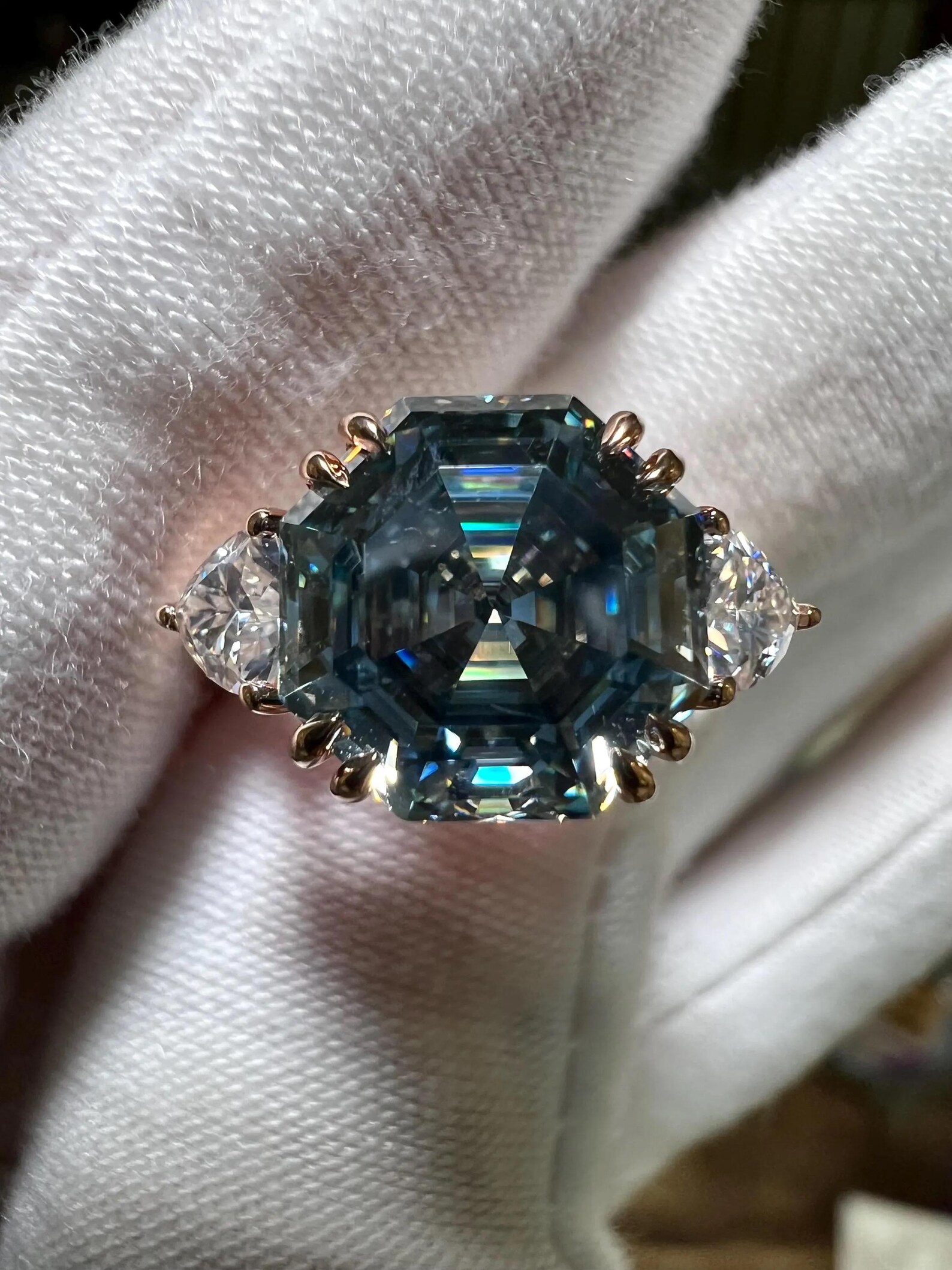 Certified 3CT Hexagonal Fancy Intense Green Blue 14K Rose Gold ...