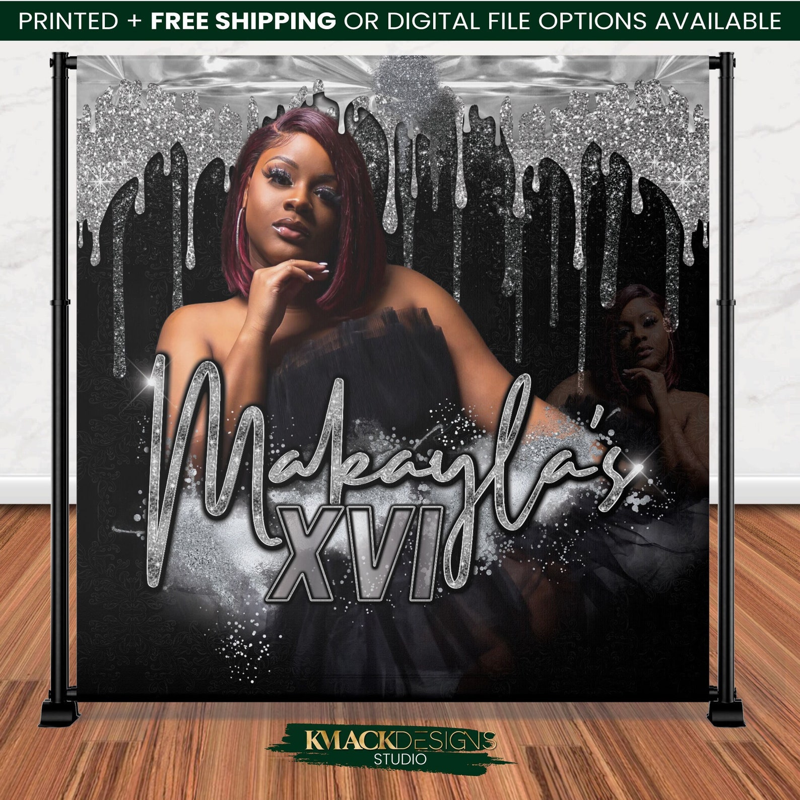 Drip Glam Black Silver Sweet 16 Personalized Backdrop Silver - Etsy