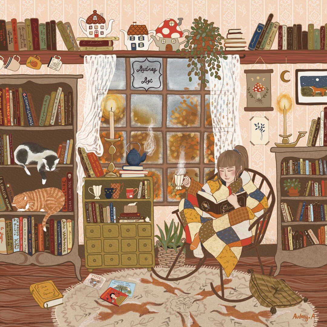 Cozy Illustration of My Little Library at Tea Time - Etsy