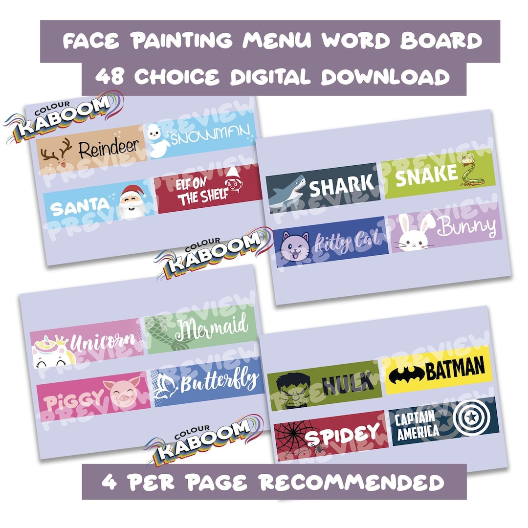 Face Painter Word Board | 48 Face Painting Choices | Face Painter Menu ...