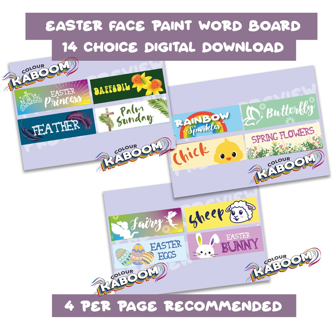 Easter Face Painter Word Board | 14 Easter Face Paint Choices | Face ...