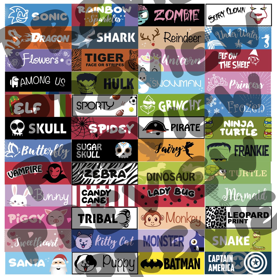Face Painter Word Board 48 Face Painting Choices Face Painter Menu Face ...