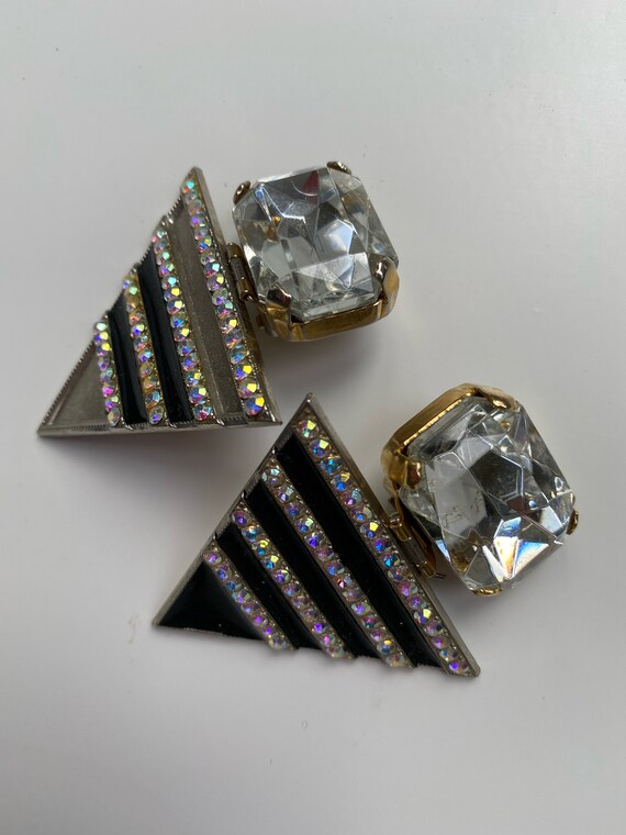 Original 1980s art deco style triangular diamante ear… - Gem