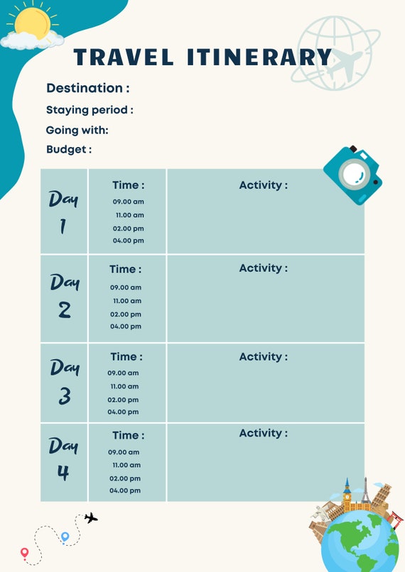 4-day Travel Printable Digital Itinerary - Etsy