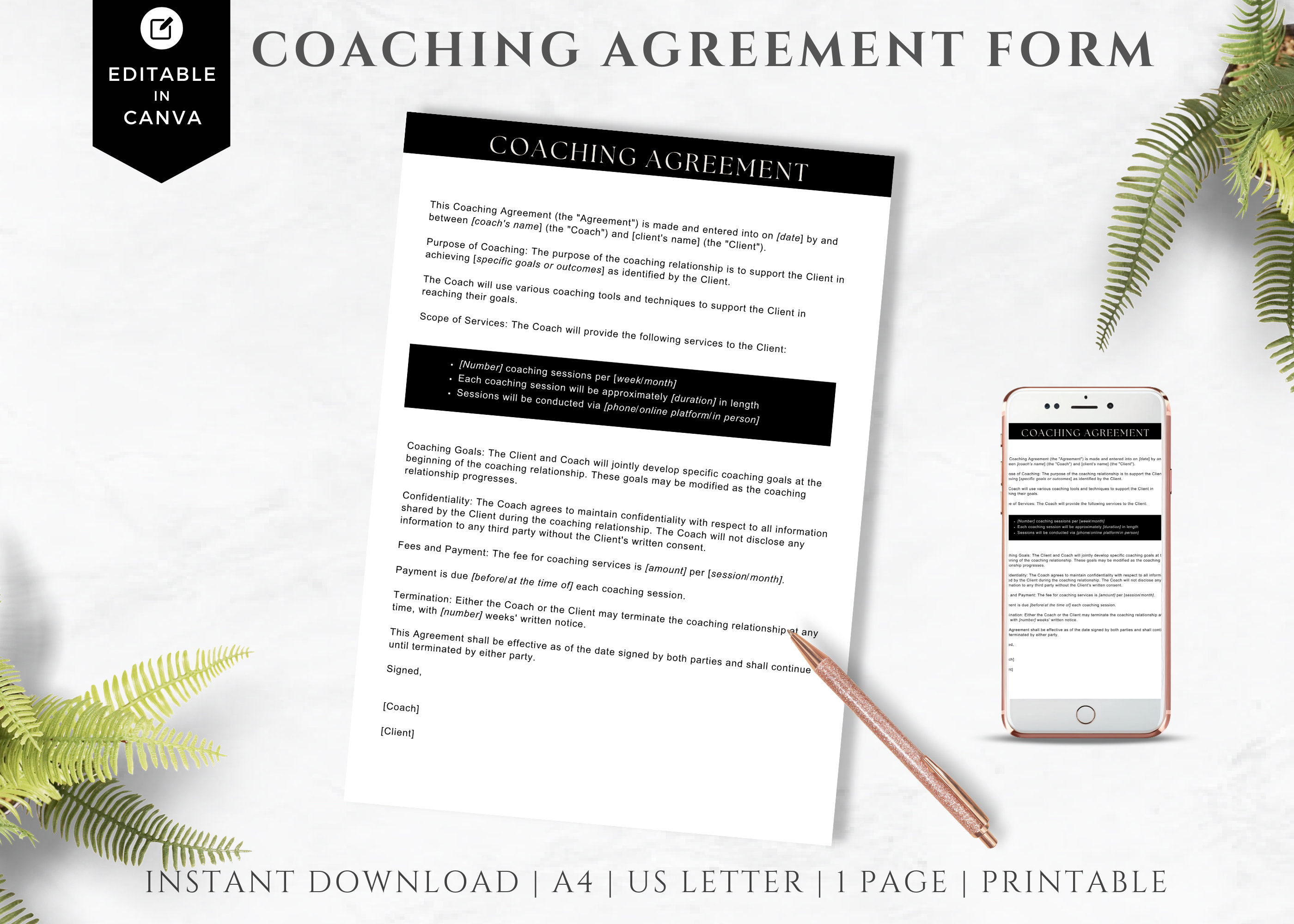 Coaching Agreement Form for Coaches | INSTANT DOWNLOAD | Intake Forms ...