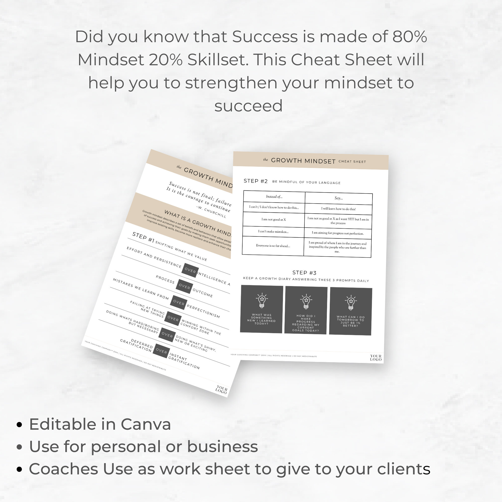 Growth Mindset Cheat Sheet, INSTANT DOWNLOAD, Printable Workbook ...