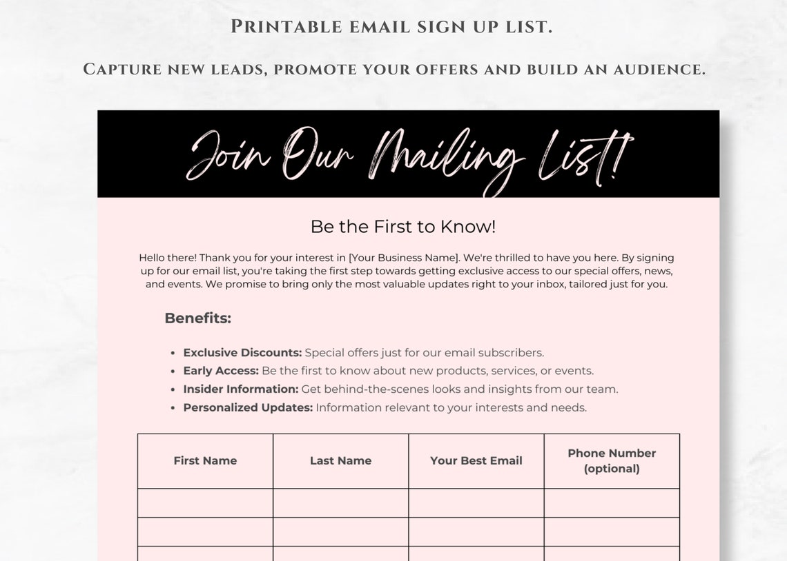 Printable Sign up Sheet for Events | Editable in Canva | Email Sign up ...
