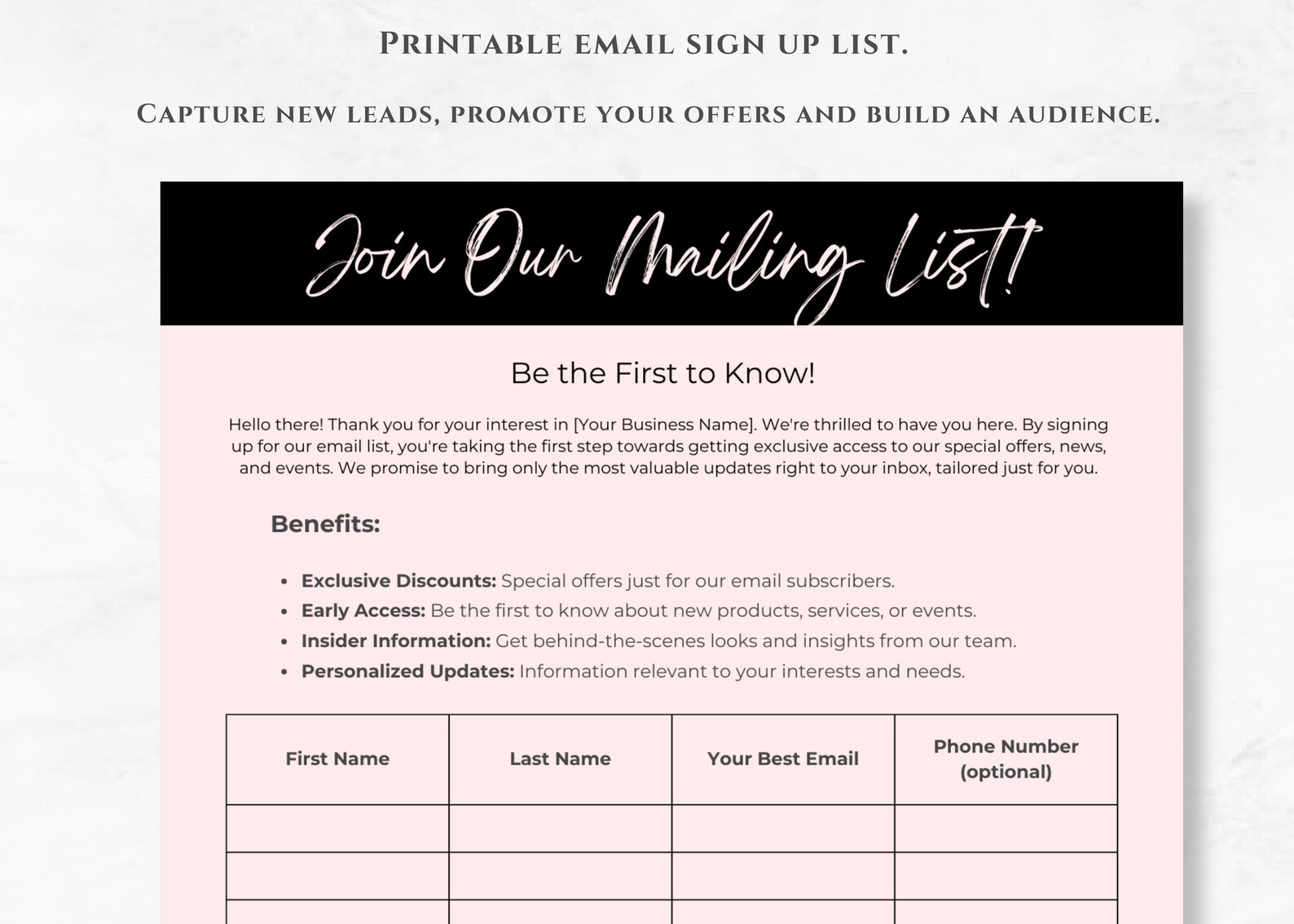 Printable Sign up Sheet for Events | Editable in Canva | Email Sign up ...