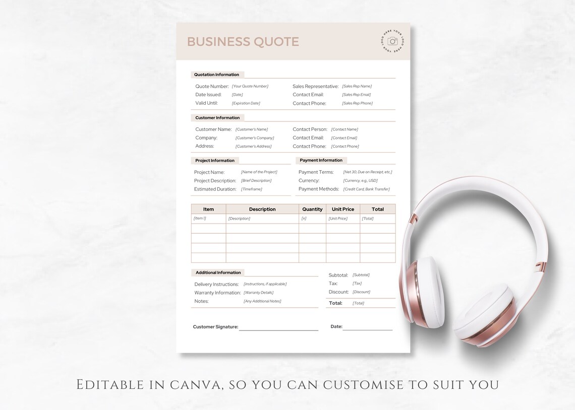 Editable Quotation Sheet Canva Template INSTANT DOWNLOAD Quote Form Job ...