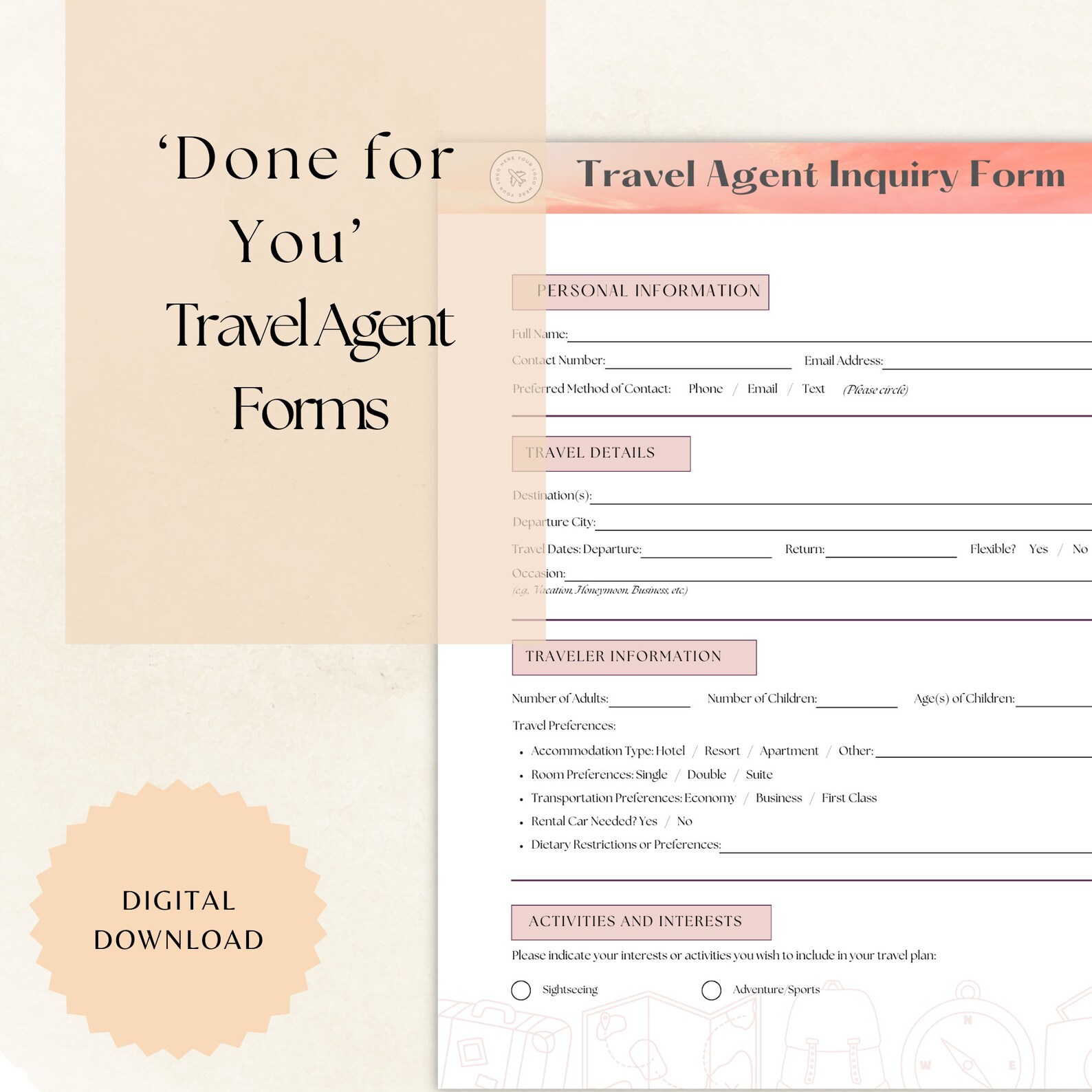 Travel Agent Questionnaire INSTANT DOWNLOAD Vacation Inquiry Travel ...