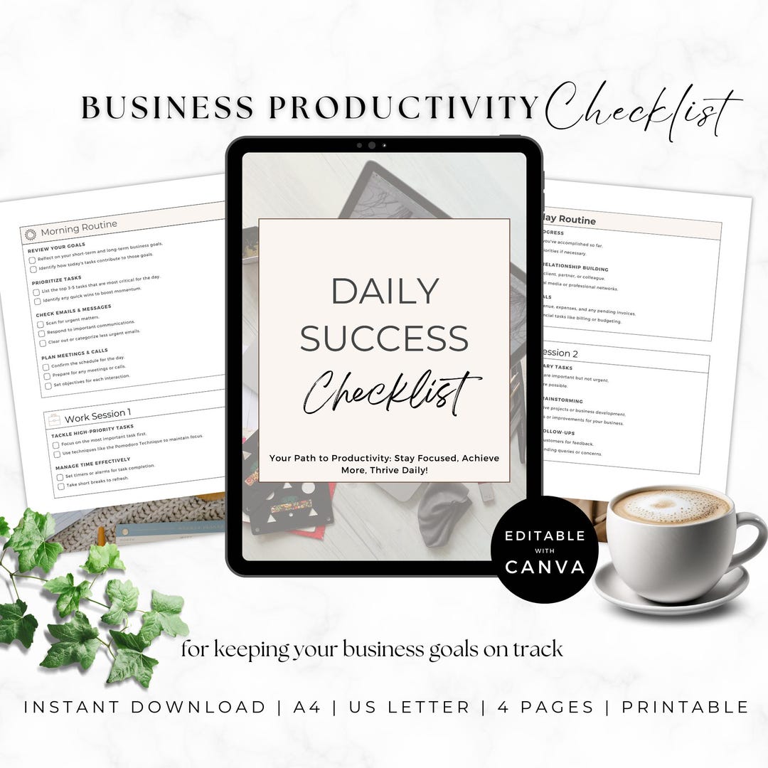 Daily Success Checklist Printable | 4-page Productivity Planner for ...