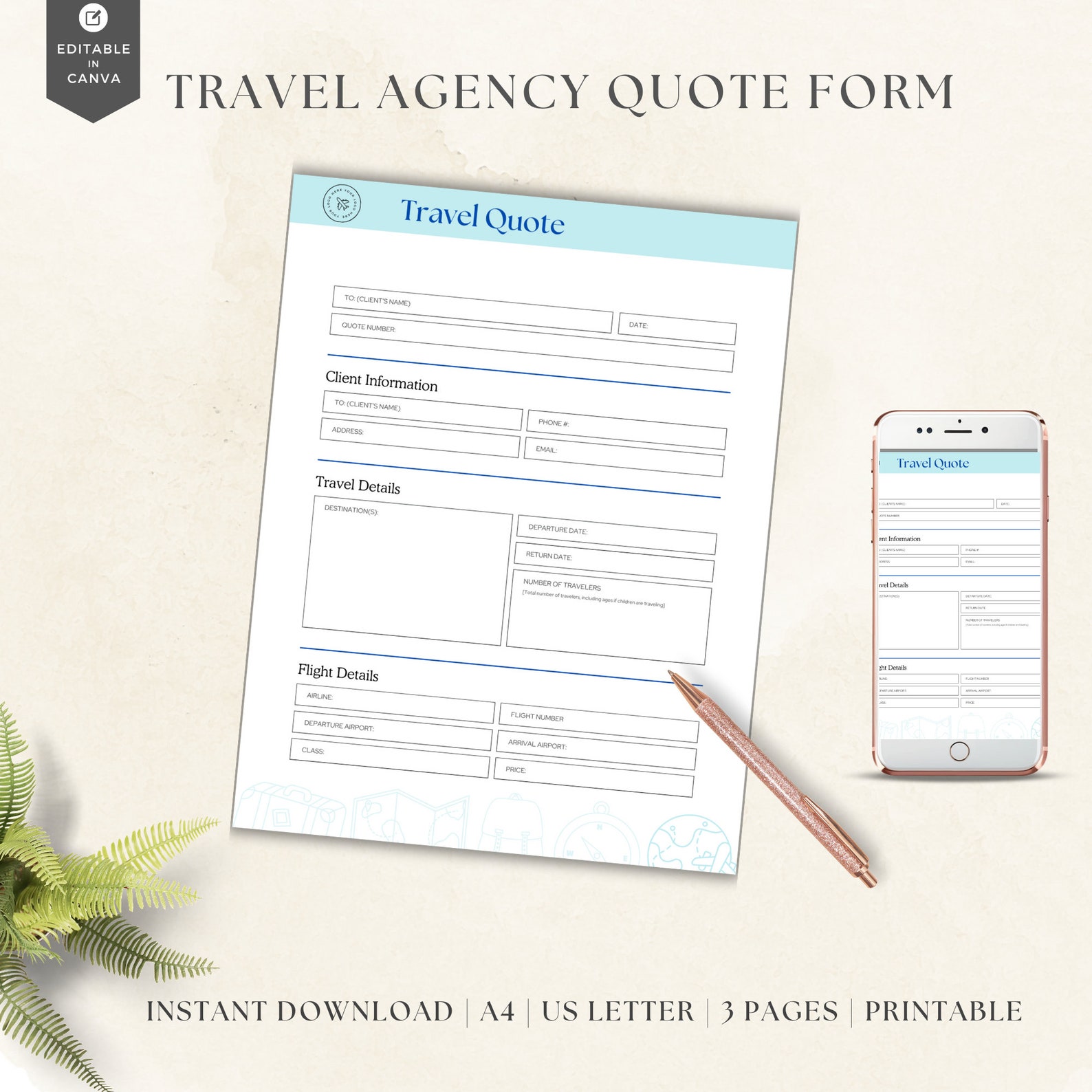 Travel Agency Forms | Editable Quote Form | Travel Quotes | Travel ...