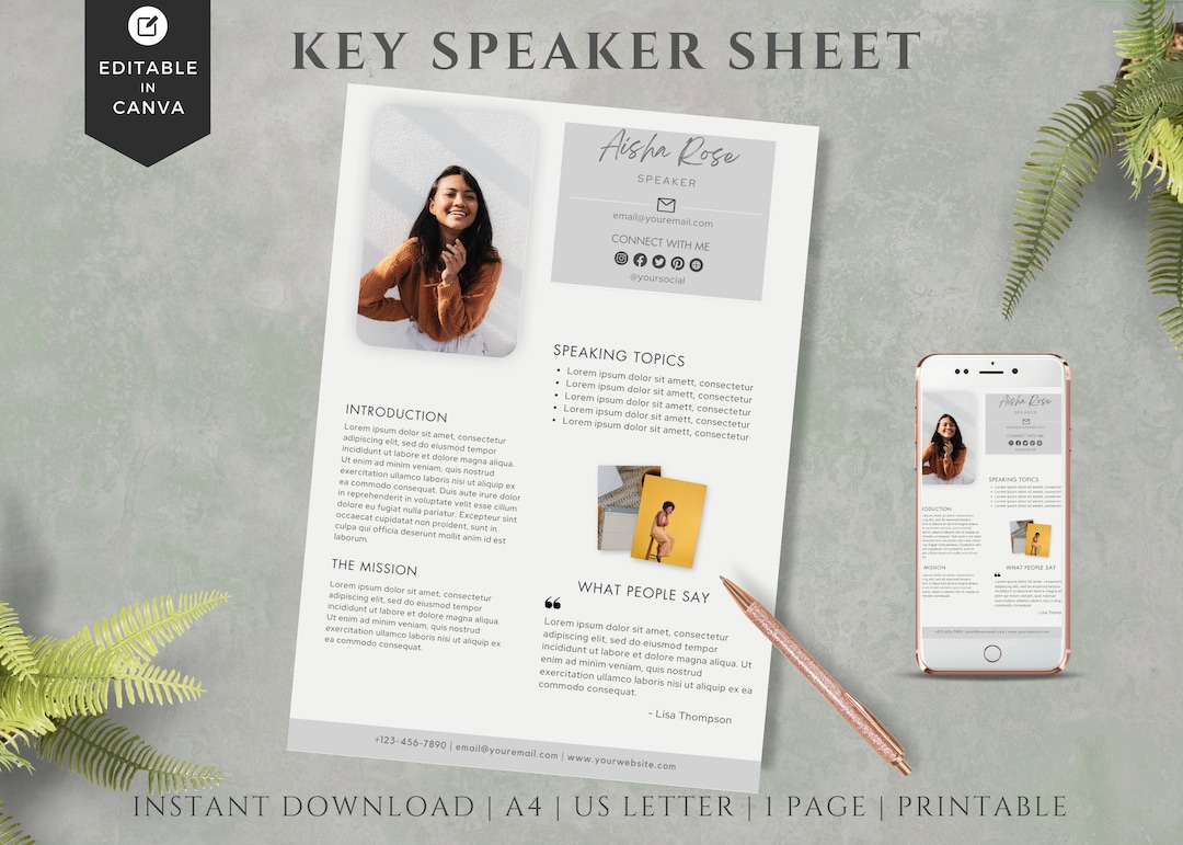 Keynote Speaker Sheet Template | INSTANT DOWNLOAD | Author Media Kit ...