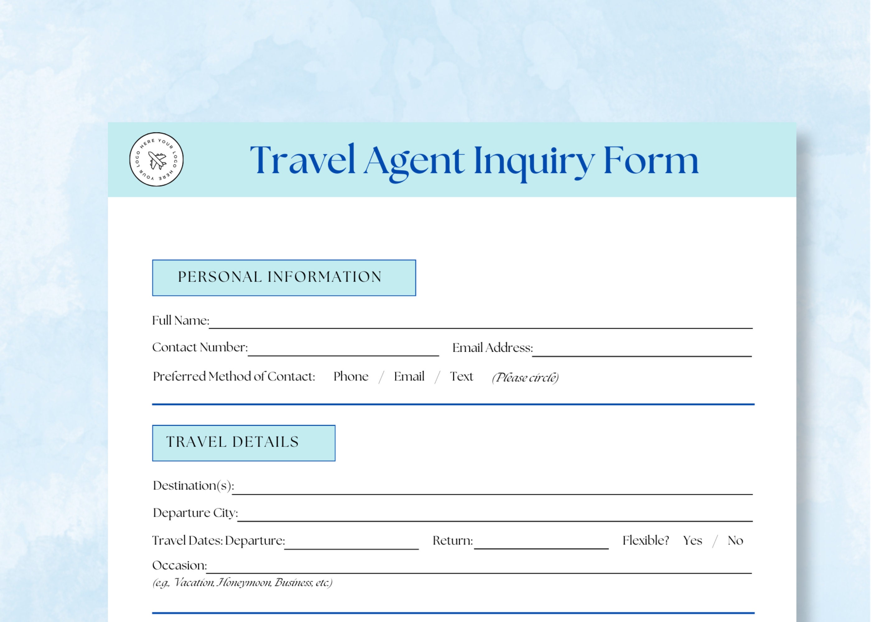 Travel Inquiry Form | INSTANT DOWNLOAD | Vacation Consultation ...
