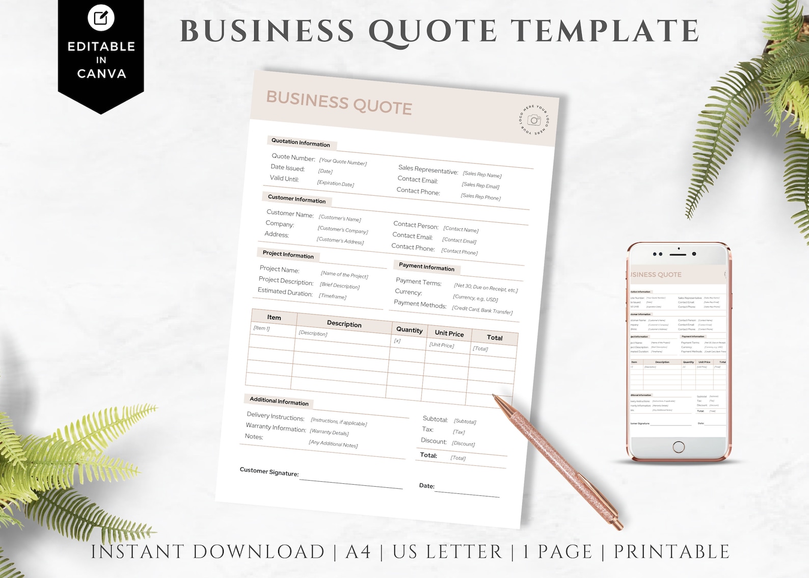 Editable Quotation Sheet Canva Template INSTANT DOWNLOAD - Etsy Canada