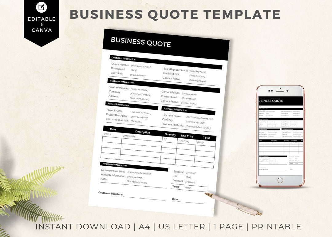 Editable Business Quote Template | Simple Invoice Form | Small Business ...