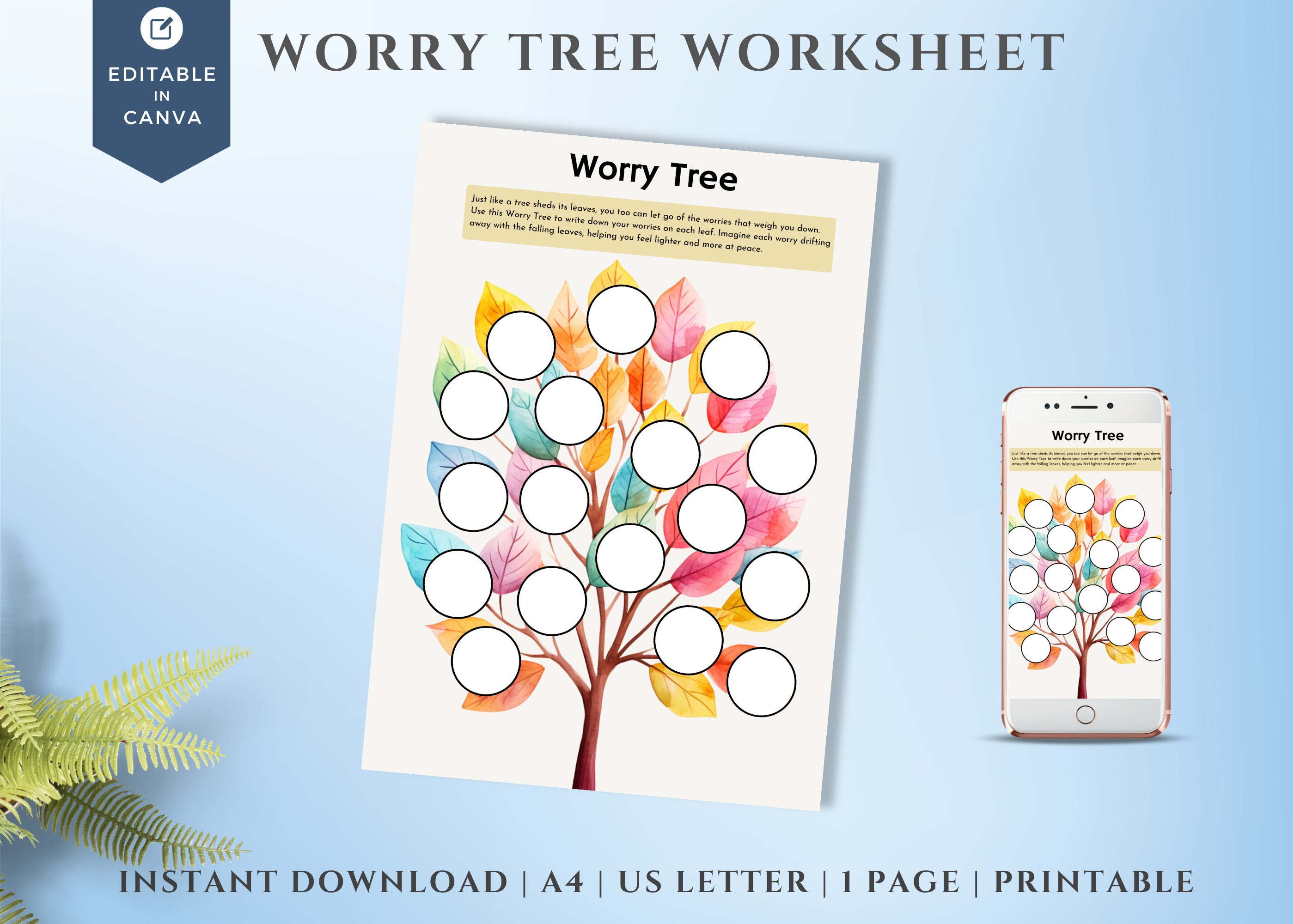 Worry Tree Worksheets INSTANT DOWNLOAD Anxiety Relief for Adults and ...